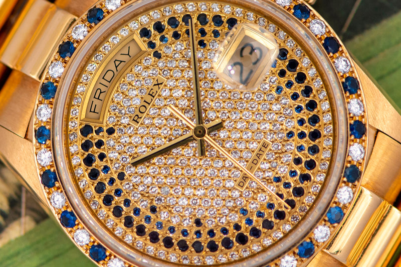 1986 Rolex Oyster Perpetual Day-Date Pavé diamonds and sapphire string ...