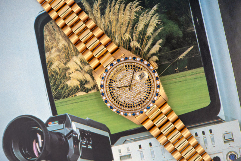 1986 Rolex Oyster Perpetual Day-Date Pavé diamonds and sapphire string ...